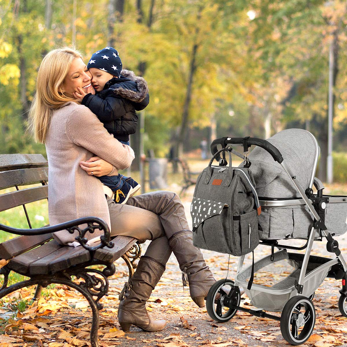 BABY JOY Diaper Bag Backpack, Waterproof Stylish Multifunction Large Capacity Travel Back Pack, Maternity Nappy Bag for Baby Care W/Stroller Straps, Changing Pad, Built-in USB Charging Port, Gray