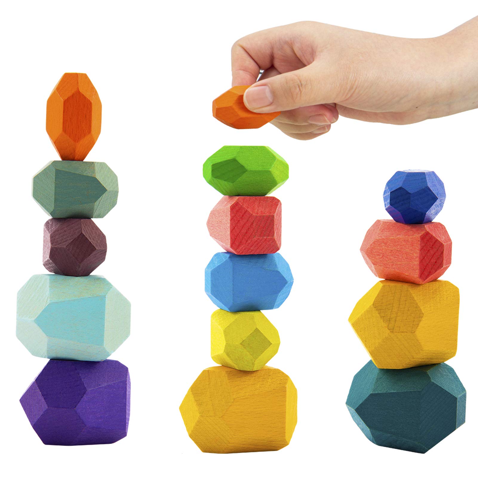16 Pcs Wooden Stone Balancing Blocks- Colorful Wood Stone Building Blocks Natural Rainbow Balancing Stacking Game Rock Blocks for Kids Educational Toys