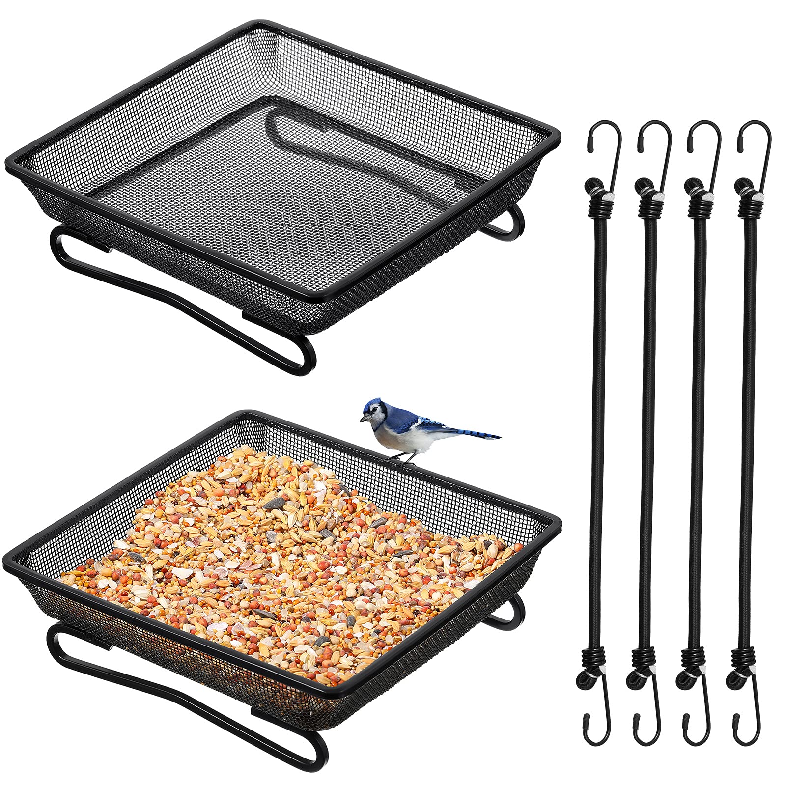 2 Pieces 7 x 7 x 2.7 Inch Metal Ground Bird Feeder Compact Platform Bird Seed Tray and 4 Pieces Elastic Rope for Outdoor Dove Birds or Squirrels Garden Decoration (Black)