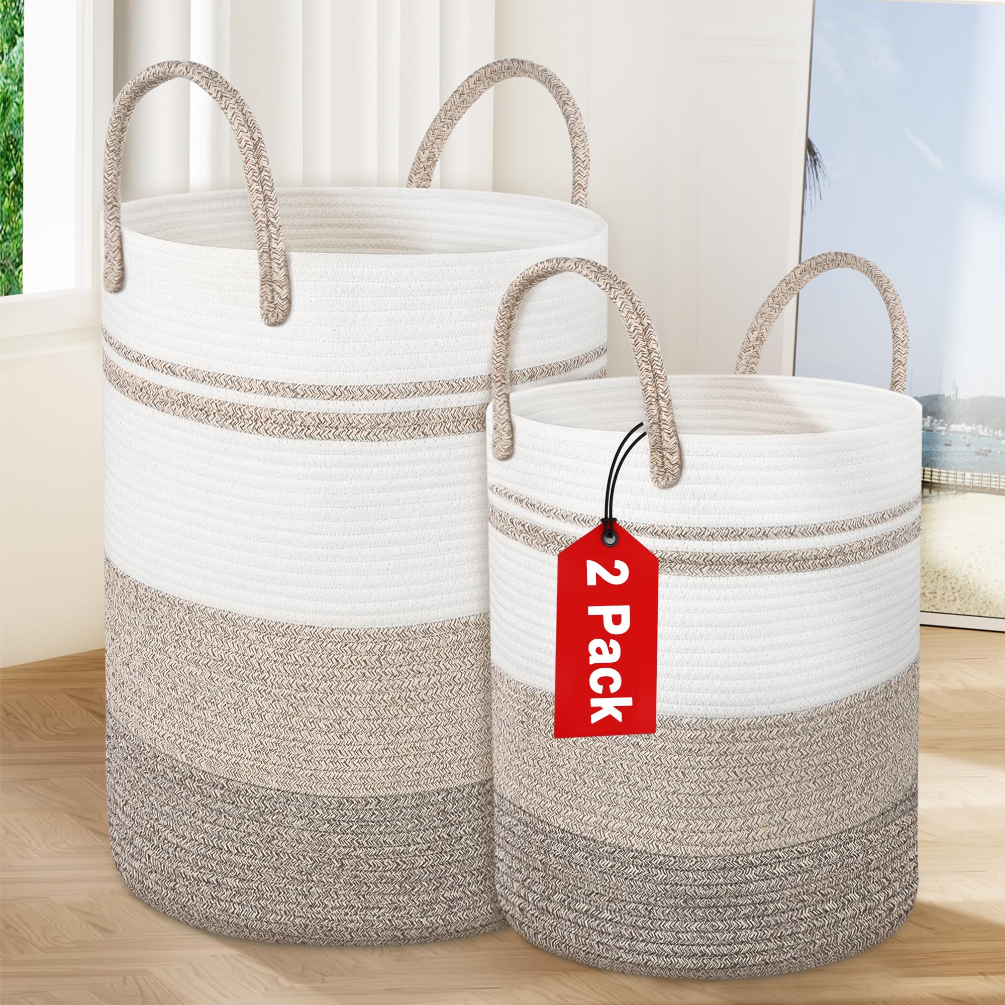 2 Pack Large Tall Rope Laundry Baskets, Cotton Laundry Hamper, Dirty Clothes Hampers Woven Basket, Blanket Basket Storage for Living Room, Dirty Clothes Baskets for Bedroom, Baby Room, 58L&28L Khaki