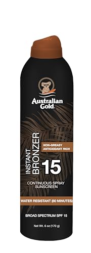 Australian Gold Continuous Spray Sunscreen with Instant Bronzer SPF 15, Immediate Glow & Dries Fast, Broad Spectrum, Water Resistant, Non-Greasy, Vegan and PETA Approved, Cocoa Dreams Scent, 6 Ounce