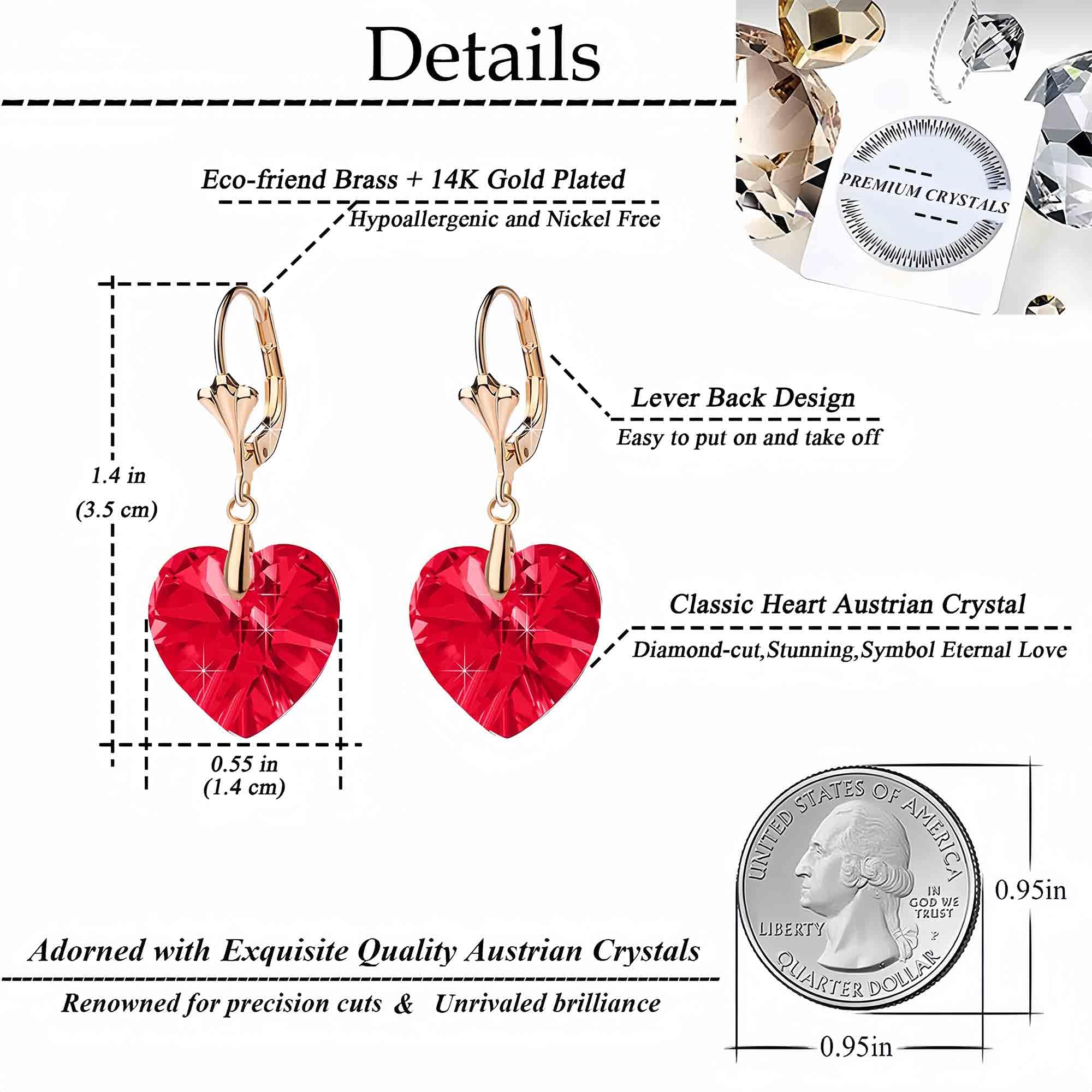 Austrian Crystal Heart Drop Leverback Earrings for Women Fashion Dangle Earring 14K Rose Gold Plated Hypoallergenic Jewelry (Red)