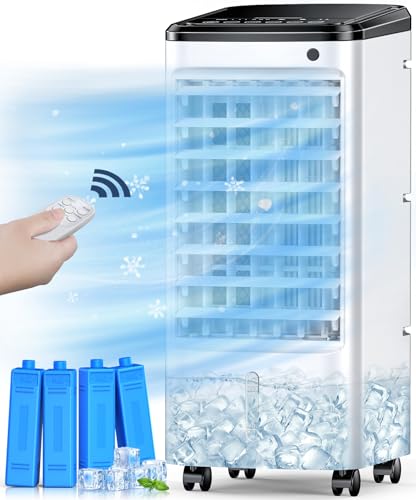 3-IN-1 TEMEIKE Swamp Cooler Air Conditioner, Evaporative Air Cooler w/ 4 Modes & 3 Speeds, 12H Timer & Remote & Dual Water Tank, 65° Oscillating Air Conditioner Portable for Bedroom