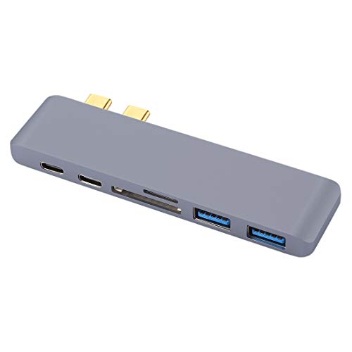 Leya-US Spare Part 6 in 1 Multi-Function Aluminium Alloy 5Gbps Transfer Rate Dual USB-C/Type-C HUB Adapter with 2 USB 3.0 Ports & 2 USB-C/Type-C Ports & SD Card Slot & TF Card Slot Compatible for