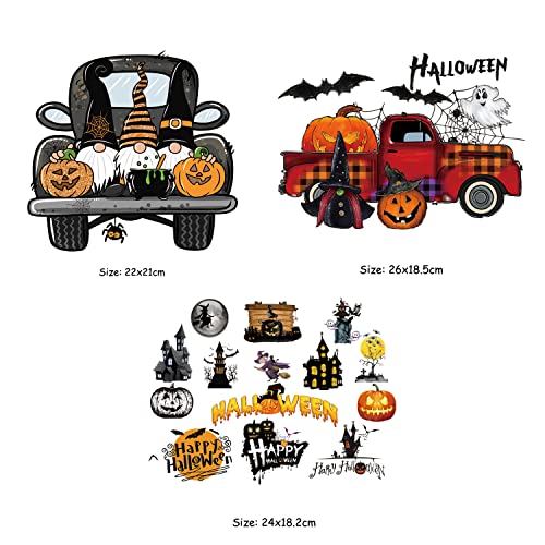 3Sheets 14Pcs Halloween Iron on Transfers, Halloween Iron on Patches "Happy Halloween" Skull Ghost Pumpkin Halloween Iron on Decals on transfers for Crafts T-Shirts Bags Clothing DIY Decorations