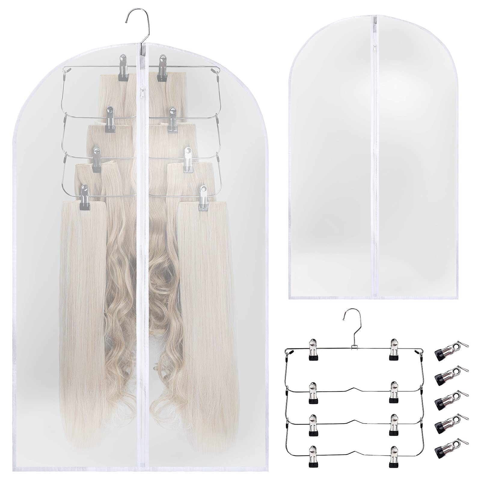 REECHO Hair Extensions Storage Set, Dust Garment Bags with Hanger and Flexible Clips, UP TO 15PCS Hair Extensions Storage Space Wig Bags Suitable for Wigs, Hairpieces