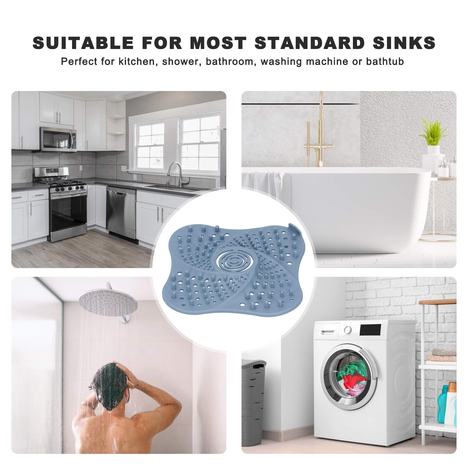 Shower Drain Hair Catcher, Durable Blue Square Hair Stopper Drain Cover, Drain Hair Catcher with Suction Cup for Bathroom Bathtub and Kitchen Easy to Install and Clean