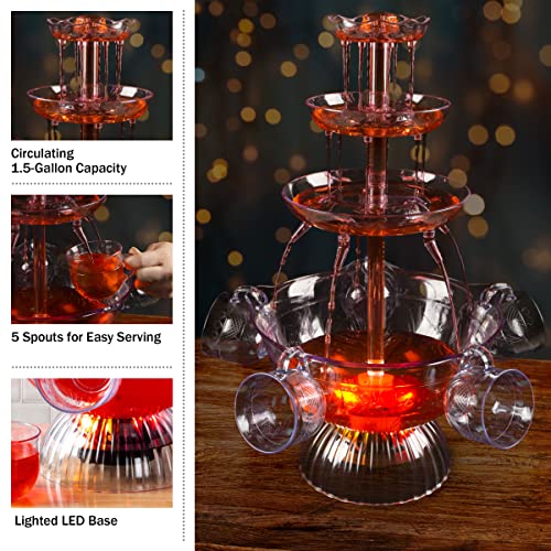 3-Tier Party Drink Dispenser β 1.5-Gallon Punch Fountain with LED Light Base and 5 Cups β Juice, Soda, or Mimosa Tower by Great Northern Party, Red