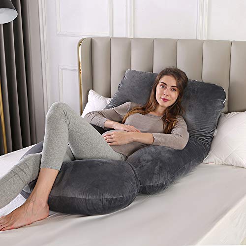 CDEN Pregnancy Pillow, J Shaped Full Body Pillow 57", Maternity Pillow Support for Back, Legs, Neck, HIPS for Pregnant Women with Removable Washable Velvet Cover(Darkgrey)