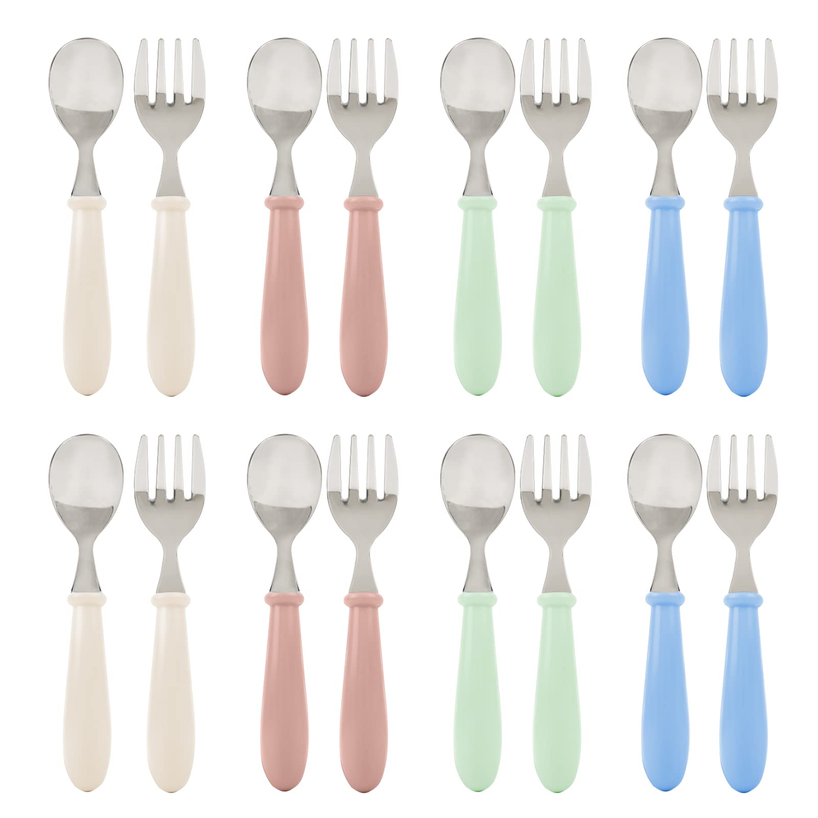 16 Pieces Toddler Fork and Spoon Silverware Set Stainless Steel Baby Utensils Round Handle & Tines for Safe Baby Toddler Self Feeding