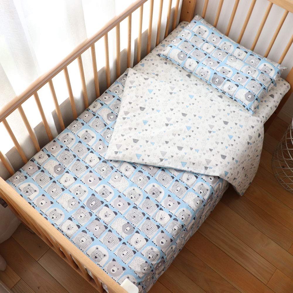 Emenpy 100% Cotton Crib Bedding Set for Infant Boys Girls,3 Pcs Baby Pattern Bed Linen Include Duvet Cover,Fitted Sheet,Pillowcase,Nursery Decoration,No Filler(Sky Blue)