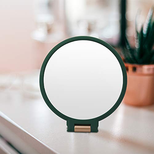 FUHUIM 1x 15x Magnifying Handheld Mirror, Double Sided Pedestal Magnification and True Image Makeup Mirror, Compact Size and Portable Vanity Cosmetic Mirror for Girl (Army Green)