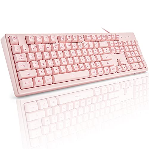 LIOURFE Keyboard with 7 Color LED Backlit, 104 Keys Quiet Wired Computer Keyboard for Office, Mechanical Feeling Gaming Keyboard for Windows Laptop PC Mac (Pink)