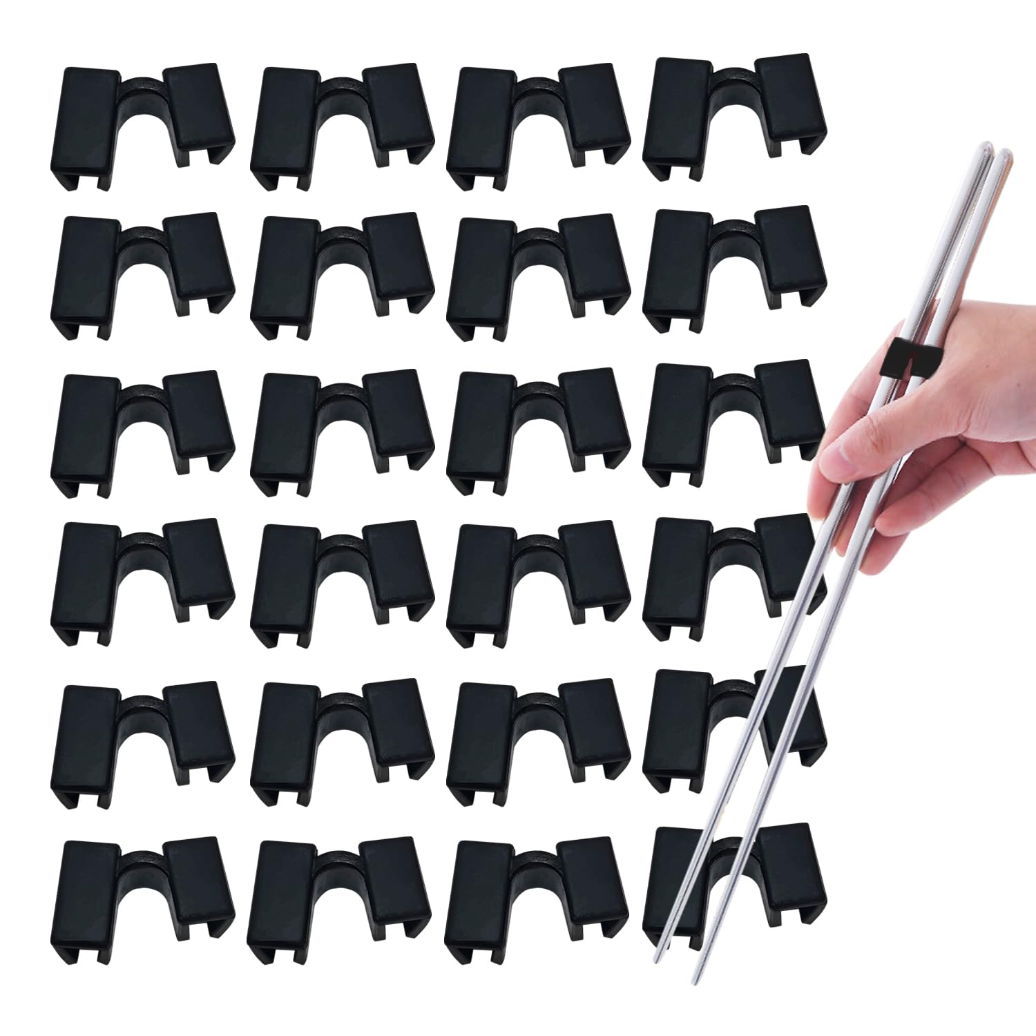 24 Pieces Reusable Kid Training Chopstick Helper for Kids Adults Beginner Learner or Trainers, Plastic Practice Chop Stick Pack, Hinges Connector for Practice Chopstick (Black 24pcs)