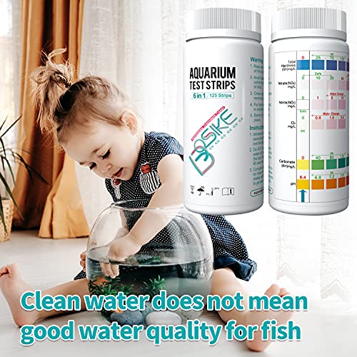 BOSIKE 6 in 1 Aquarium Test Strips Kit - 125 Fresh Water Fish Tank Tester Strips for Total Hardness, Nitrate, Nitrite, Cl2, Carbonate & ph Testing