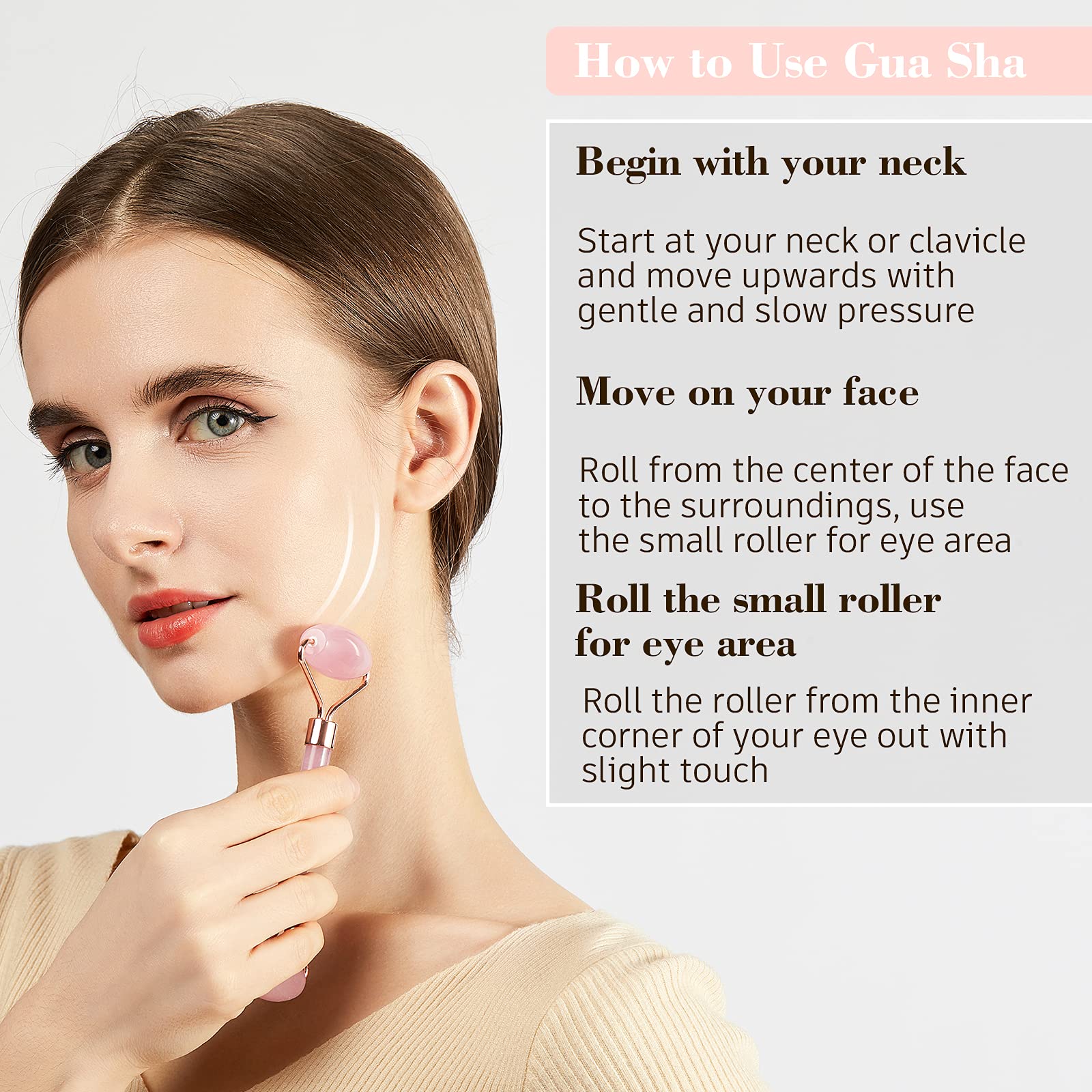 Jade Roller & Gua Sha Set, BearKig Jade Roller for Face, Anti-Aging Rose Quartz Face Roller for Skin Care, Beauty Facial Roller Massager Tools for Face, Eye, Neck, Reduce Wrinkle & Dark Circle