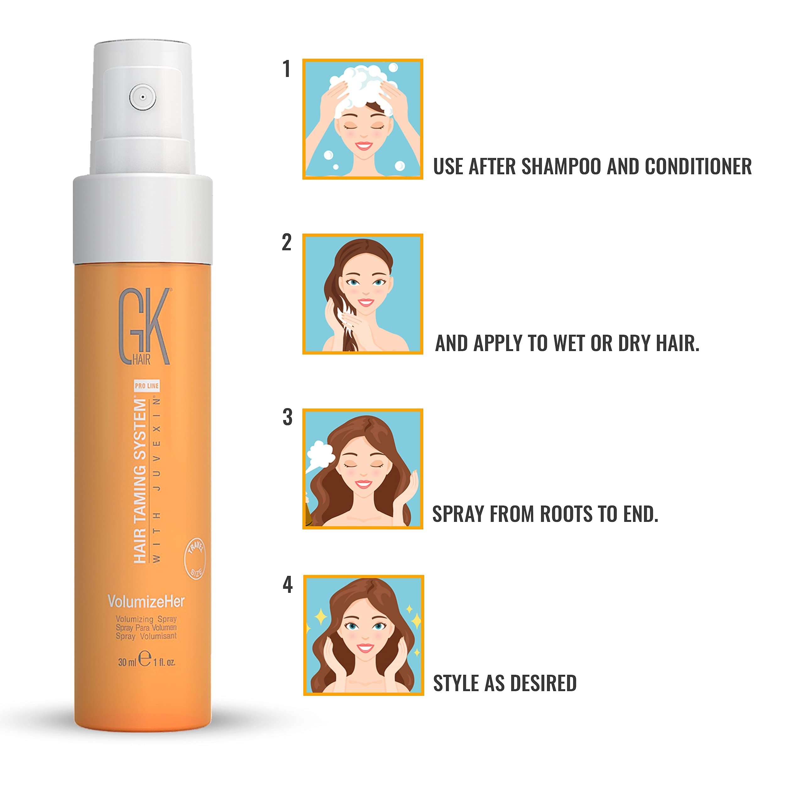 GK HAIR Global Keratin Moisturizing Shampoo and Conditioner Set 100ml I Volumizeher Spray Hair Thickening Spray for Women and Men