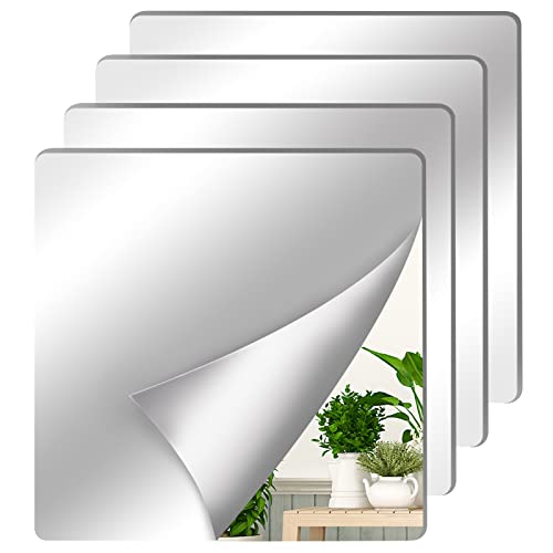 ADISEN Shatterproof Acrylic Mirror Tiles, 4 Pack 8" x 8" Plastic Mirror Stickers self Adhesive, Flexible Mirror Sheets for Wall Decor, Home Gym Wall-Mounted