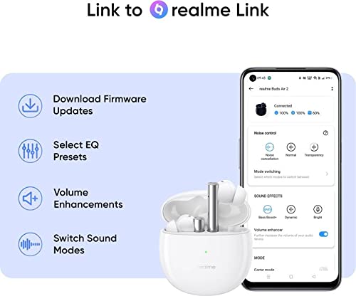 realme Active Noise Cancelling Wireless Earbuds, Buds Air 2 Hybrid ANC in Ear Headphones, Bluetooth 5.2 IPX5 Stereo Earphones, 10mm Hi-Fi Bass Boost Driver, USB C, Smart Touch Control, White