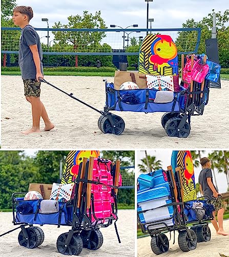 Beach Wagon Folding with Large Sand Wheels Heavy Duty Collapsible Cart with Patent Pending Beach Chair Holder Great for Ocean, Camping and Fishing β Solid Blue Color