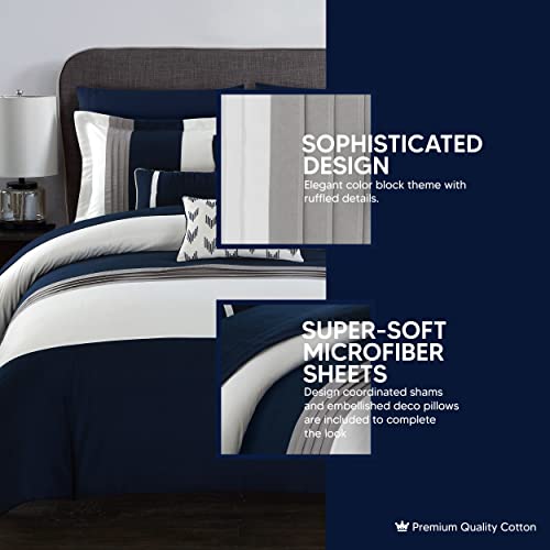 Chic Home Ayelet 10 Piece Comforter Set Color Block Ruffled Bag Bedding, Queen, Navy