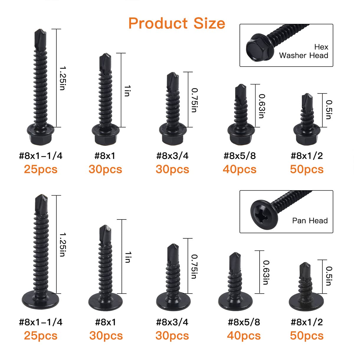 350PCS Self Tapping Screws Assortment, Black #8 Self Tapping Screws for Metal & Plastic with 410 Stainless Steel, Hex Washer Head & Phillips Round Head Self-Tapping Screws for Building & Repair