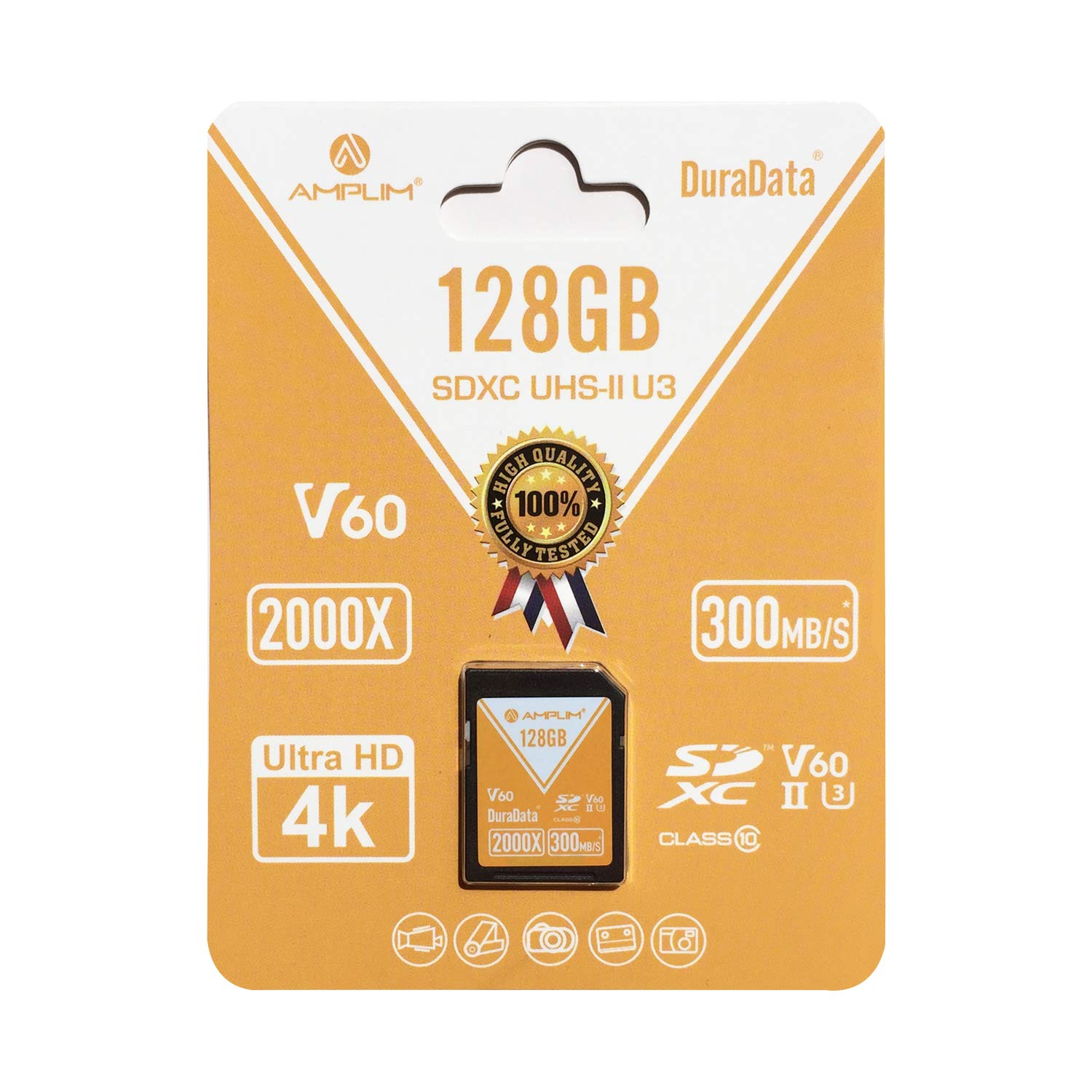 Amplim 128GB V60 UHS-II SD SDXC Card, 300MB/S 2000X Lightning Speed Performance, Extreme Read, U3 Secure Digital Memory Storage for Professional Photographer and Videographer
