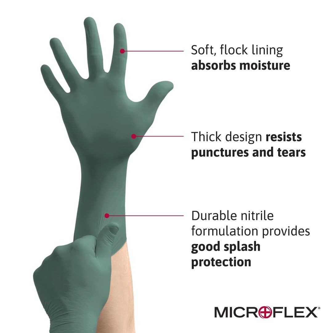 Ansell Microflex Dura Flock DFK-608 Thick 11mil Nitrile Gloves w/Flock Lining for Automotive, Aftermarket, Machinery - XL, Green (Box of 50)