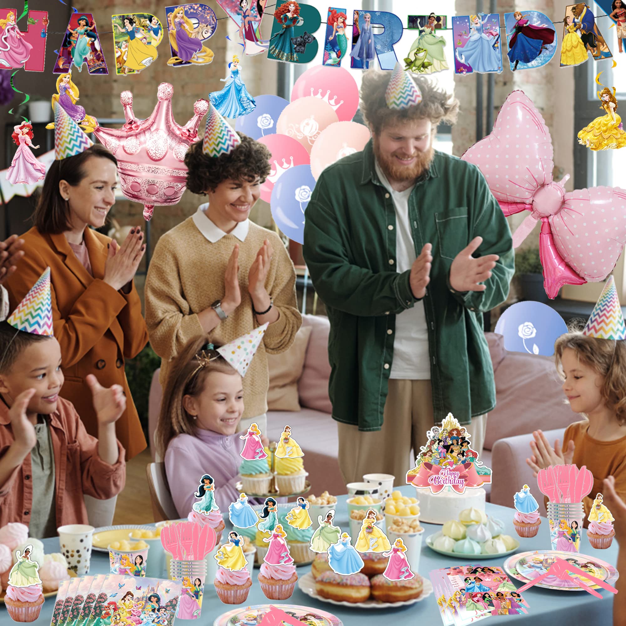162pcs Princess Birthday Decoration For Girls,With Balloon,Cake Toppers, Pennants ,Invitation letter,Stickers, Plastic Swirls, Tableware,Paper Cup,Tablecloth, Backdrop For Girls Theme Party