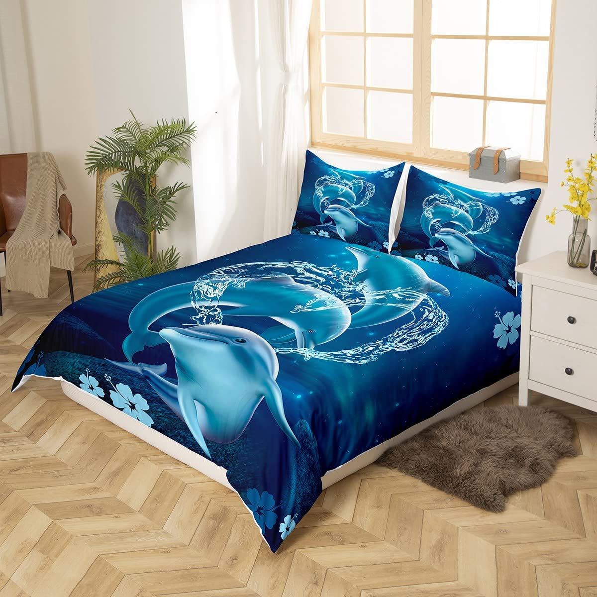 3D Dolphin Print Bedding Set,Moonlight at Night Comforter Cover Set for Teens Women Room Decor,Sea Animals Duvet Cover Breathable Dolphin Jumping Bedspread Cover Full Size,Blue(No Comforter)