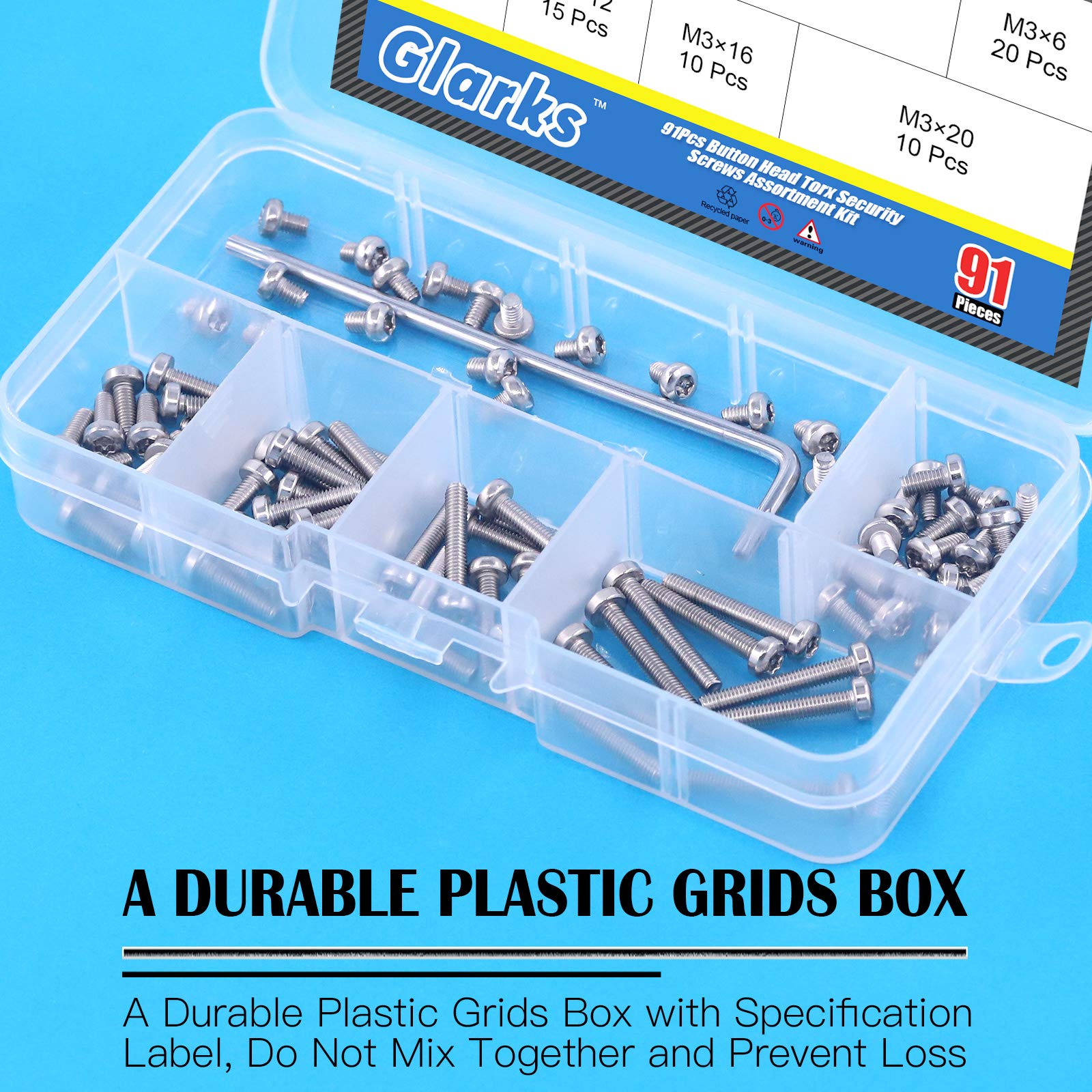 Glarks 91Pcs M3 x 6mm 8mm 12mm 16mm 20mm Pan Head Torx Security Screws 304 Stainless Steel Tamper Resistant Screws Assortment Set