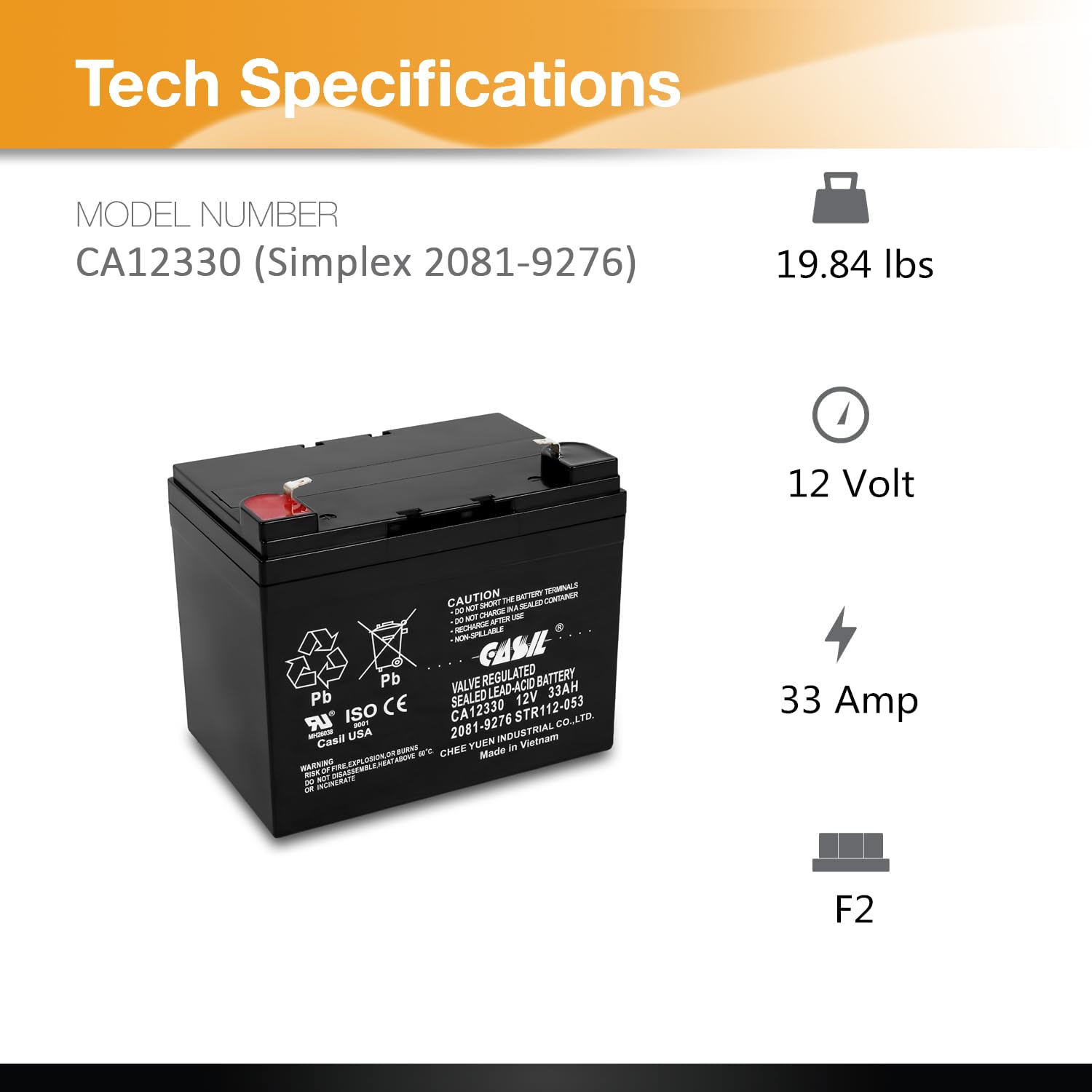 12V 33Ah F2 Terminal Replacement Battery Compatible with 2081-9276 Simplex Grinnell Fire Alarm Control Panel
