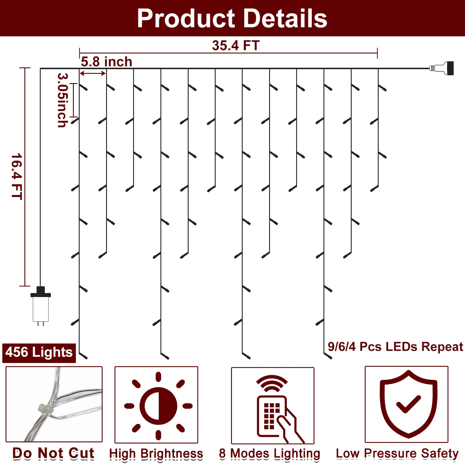 456 LED Christmas Icicle Lights Outdoor Decor 35.4Ft 72 Drops 8 Modes Plug In Window Curtain Fairy String Lights Dripping Icicle Lights Christmas Decoration Home Holiday Indoor Eave Garden(Warm White)