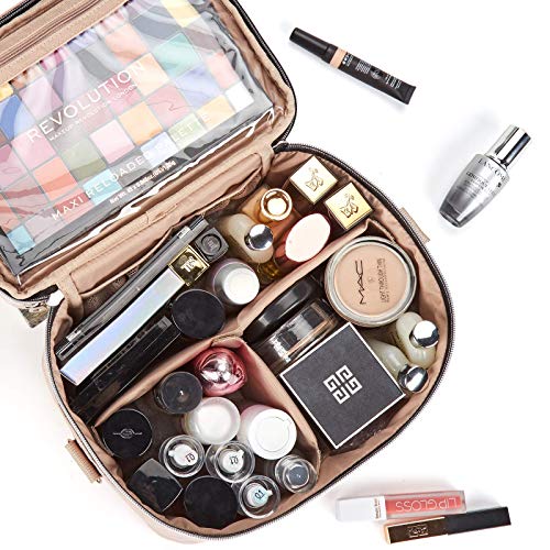 BELALIFE Double Layer Makeup Bag for Travel, Portable Cosmetic Organizer for Brushes Sets, Large Toiletry Holder with Straps, Pink