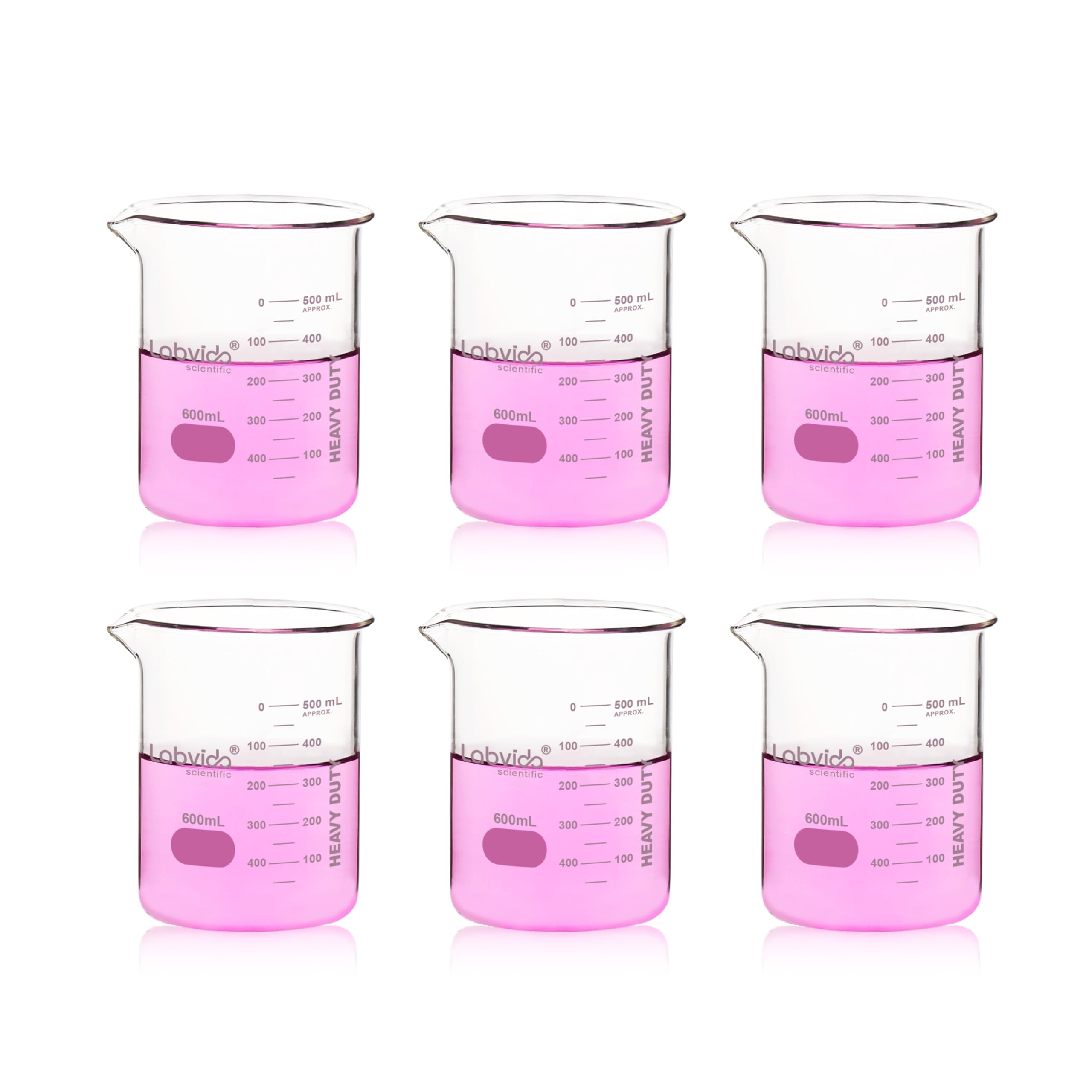 Labvida 6pcs 600ml Upgrated Thick Glass Beakers, Griffin Low Form Beaker Set with Double Scale, 3.3 Boro, LVA030