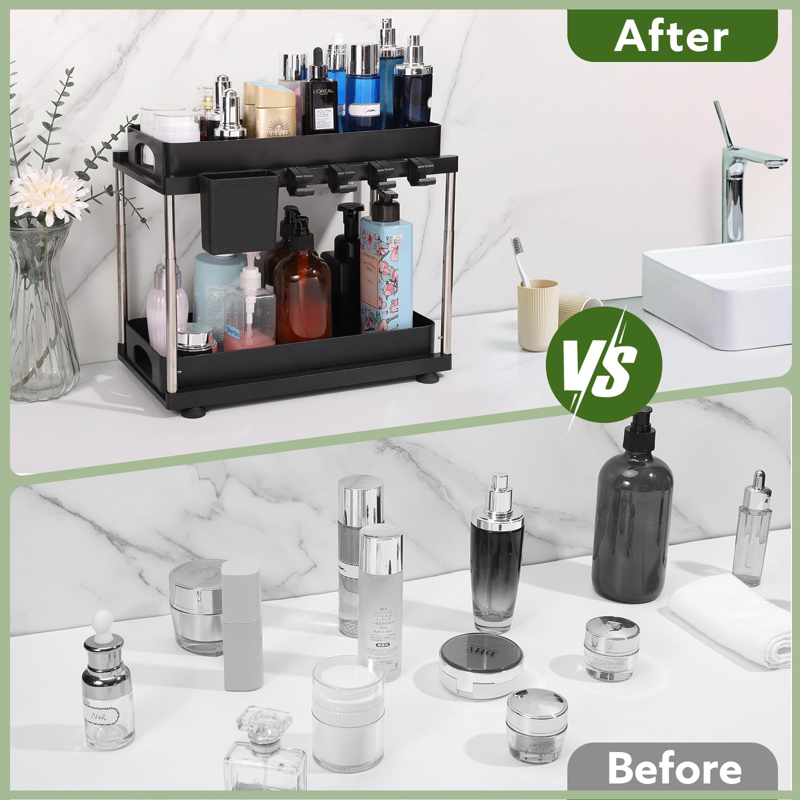 2 Pack Under Sink Organizers and Storage, 2 Tier Double Sliding Bathroom Organizers and Storage with Dividers,Hooks Under Sliding Cabinet Organizer Kitchen Sink Organizer for Kitchen Bathroom