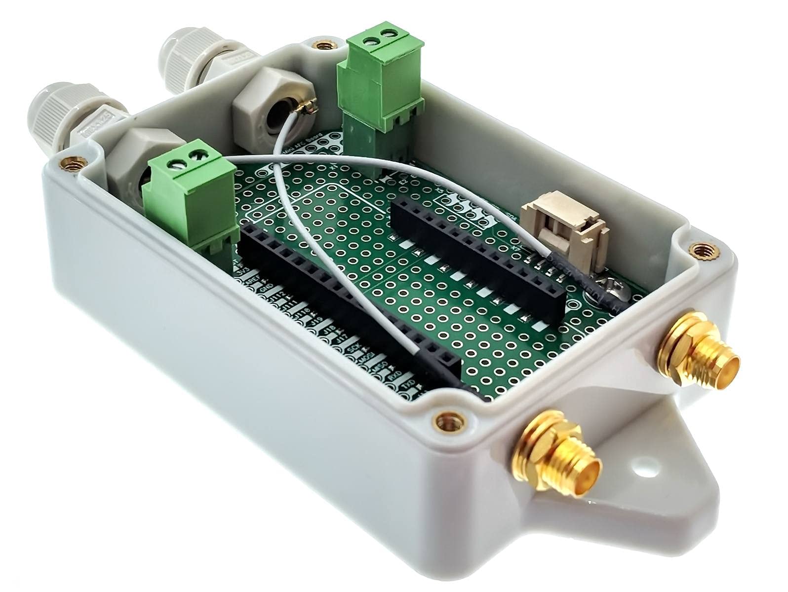qBoxMini AFC DIY IOT Enclosure Kit (Two SMAs), IOT Enclosure for Feather ESP32 Cellular LoRa WiFi Arduino Board, Waterproof IP65 Enclosure with Glands, prototyping PCB connectors Set and Two SMAs