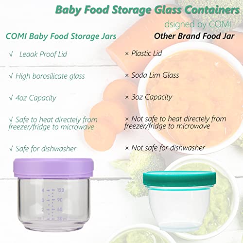 Glass Baby Food Storage Containers COMI Reusable 4OZ Baby Food Jars with Food Grade Plastic Lids, Pack of 6, Microwave/Dishwasher Friendly