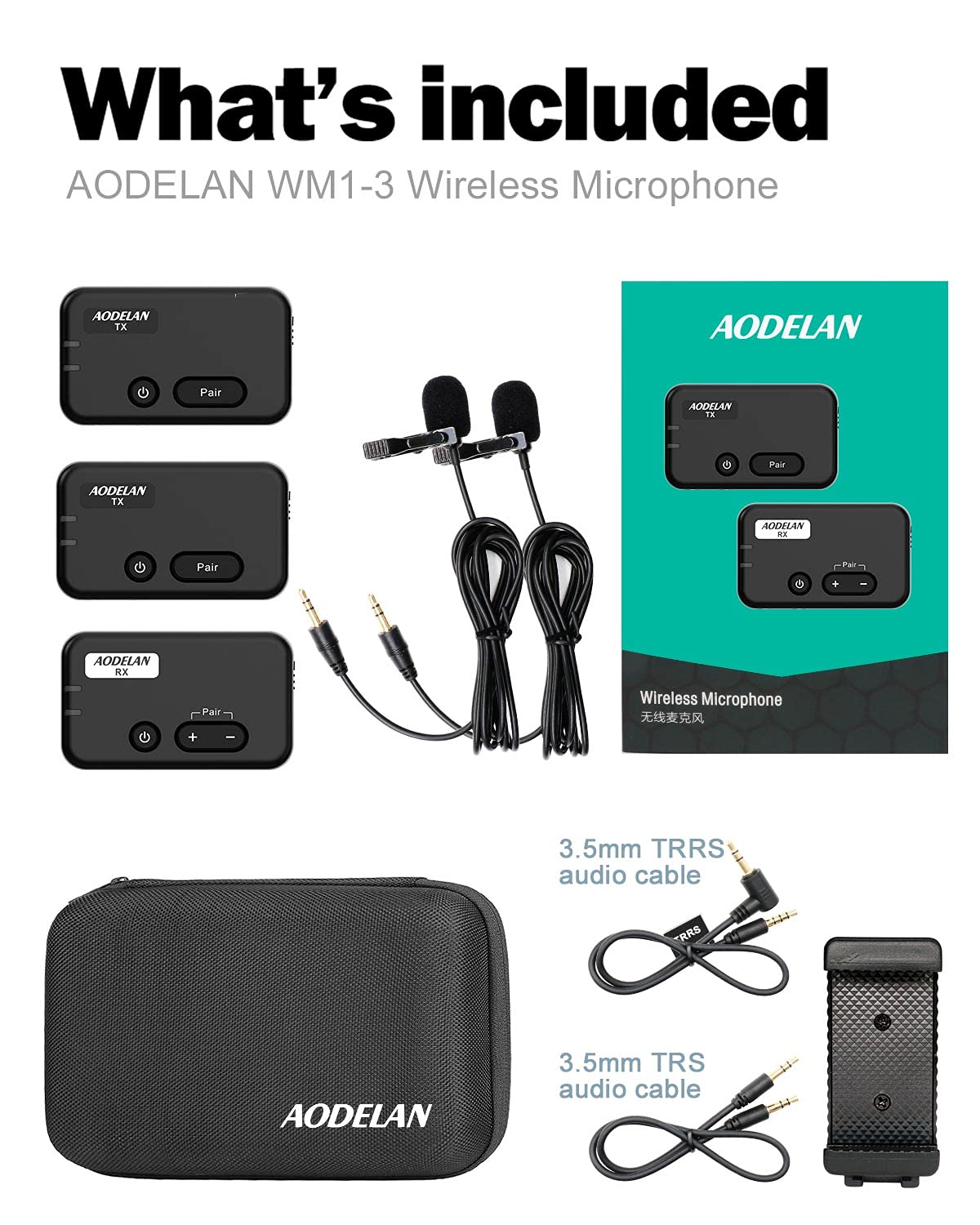 AODELAN Wireless Microphone Lavalier System with 2 Transmitters, 1 Receiver, for Cameras, Camcorders, iOS, Android Smartphones, YouTube Facebook Vlogging