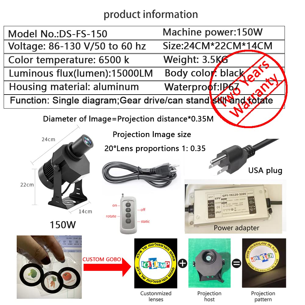 150W LED Logo GOBO Projector Ip67 Waterproof DJ Effect Light Including Free Custom Glass GOBO to Project Image for Hotel Company Store Wedding Advertising Indoor and Outdoor Use (150W)