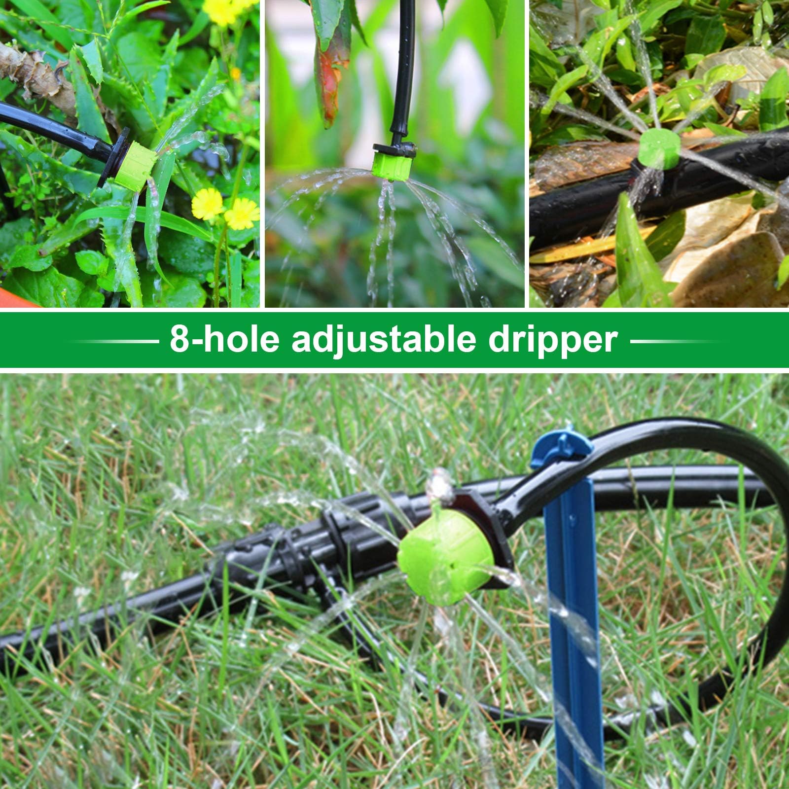 Kalolary 200Pcs Adjustable Irrigation Drippers, 1/4 Inch Barbed Drip Emitter 360 Degree Watering Sprinklers Anti-Clogging Drippers for 4mm/7mm Garden Watering System(Green)
