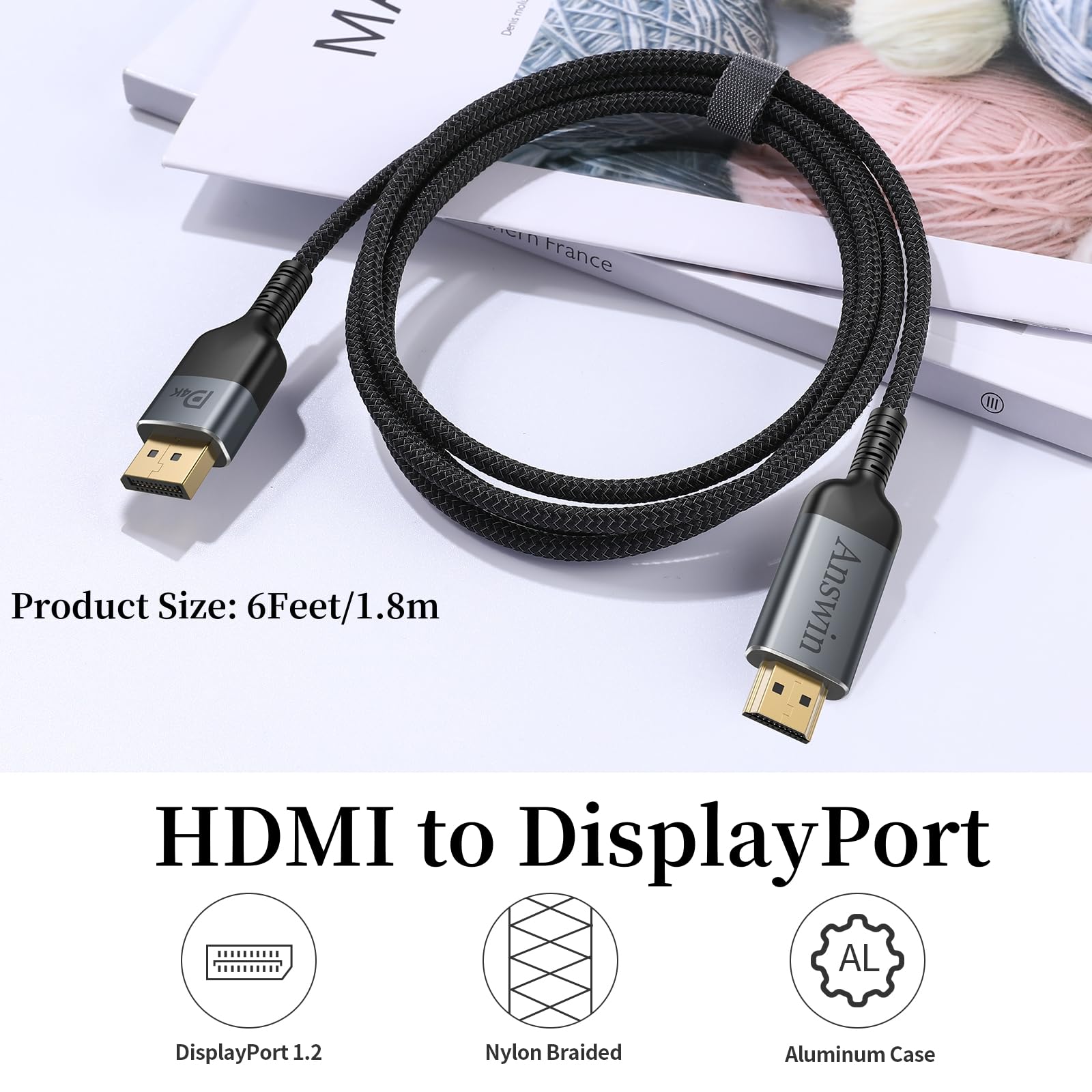 Answin HDMI to DisplayPort Cable, 4K HDMI to DisplayPort 6Ft HDMI in to DP Cable Connector Out for Xbox One/360/NS/PS4/PS5/Mac Mini, PC to Monitorā¦
