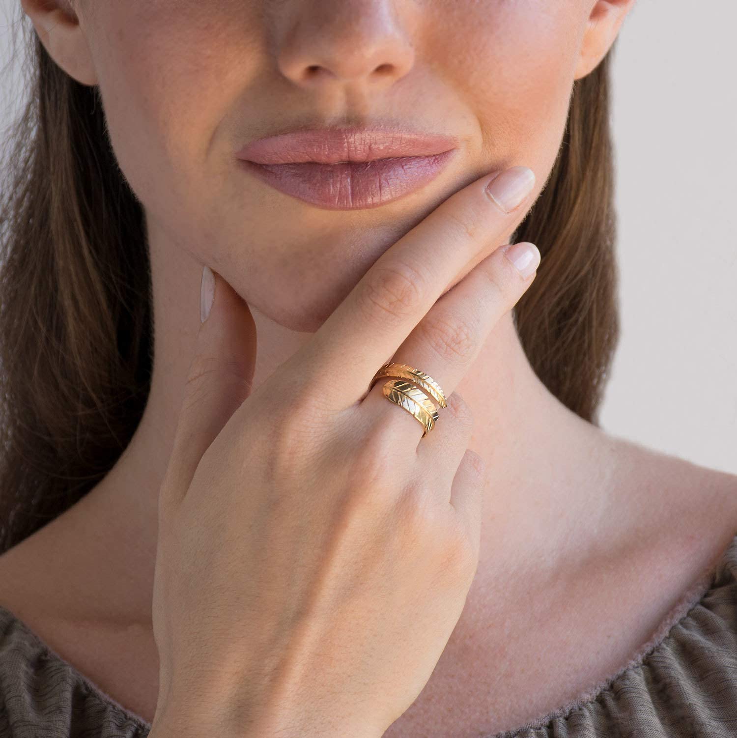 Adjustable Feather Ring - 14K Gold Plated over 925 Sterling Silver Customizable Open Ended Spiral Ring, Dainty Flexible Feather Ring, Wrap and Fit to Every Finger, Handmade Jewelry Rings for Women