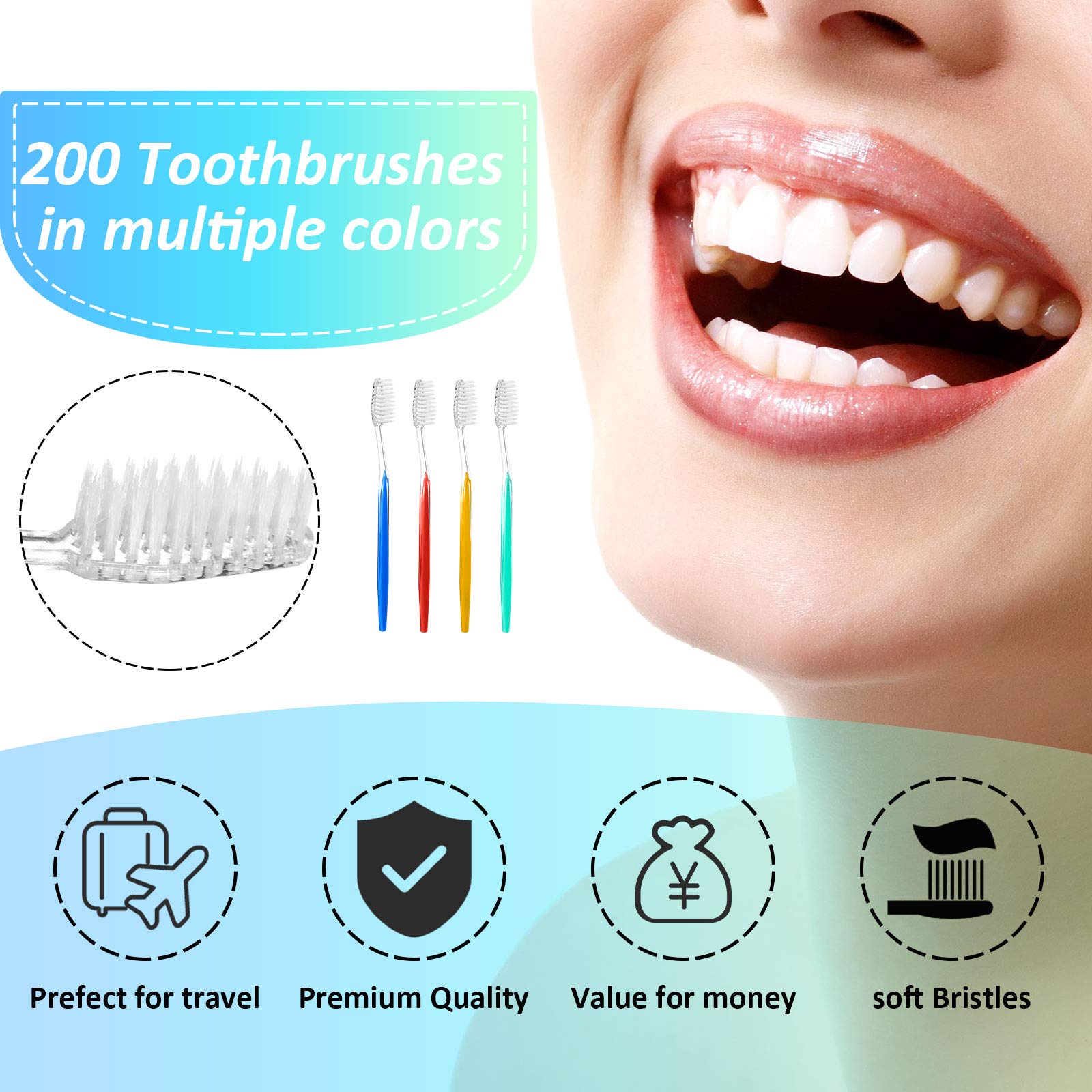 Disposable Toothbrushes Individually Wrapped Toothbrushes Medium Soft Bristle Tooth Brush Manual Disposable Travel Toothbrush Set for Adults Kids Travel Toiletries, 4 Colors (200 Pieces)