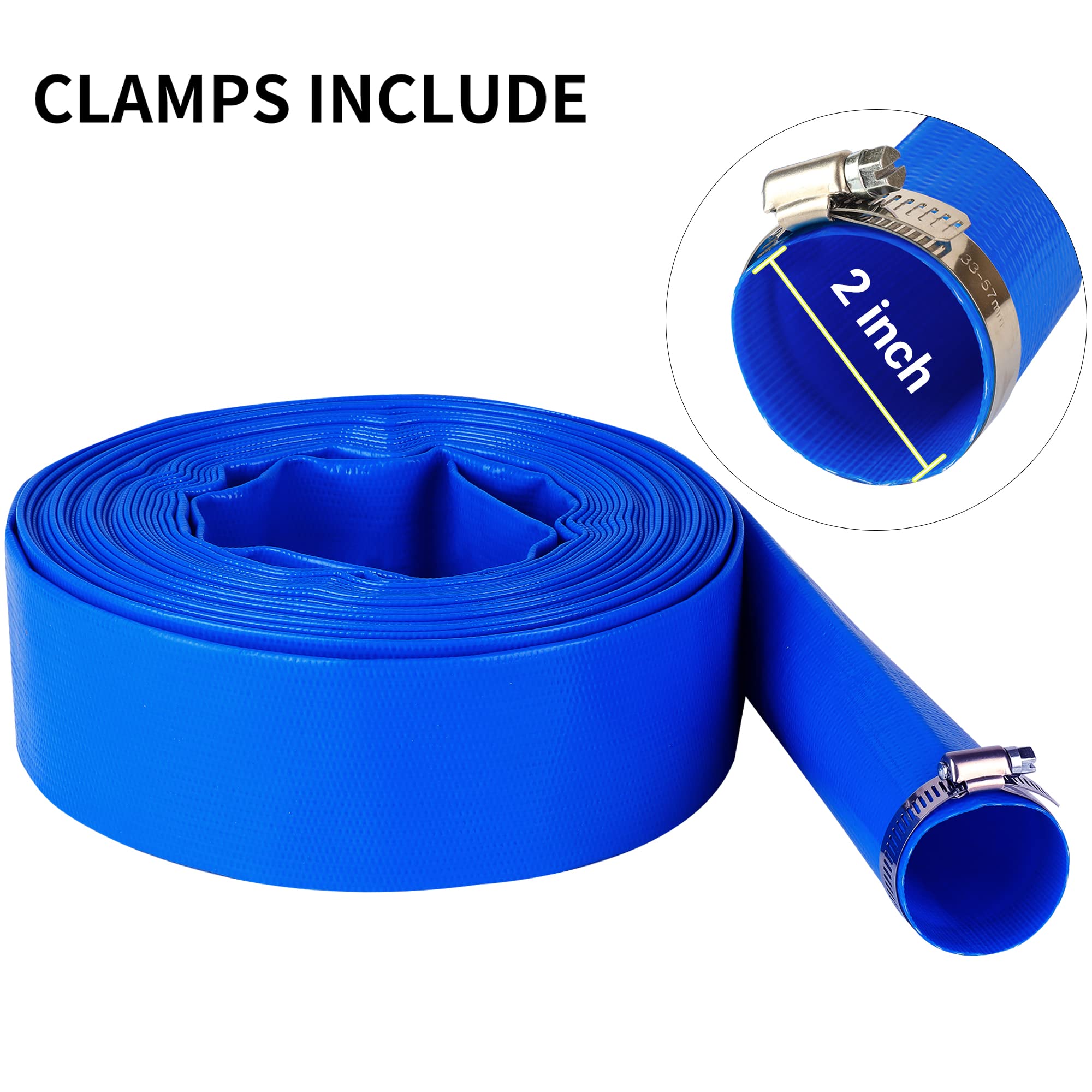 2" x 50 FT Pool Backwash Hose Blue Heavy Duty Reinforced PVC Lay Flat Water Discharge Hose for Swimming Pool Filter Pump,with 1 Clamp