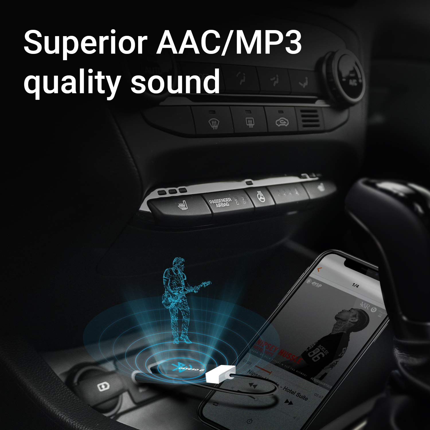 Asseso BR1 Bluetooth Car Receiver β Compact 3.5mm Aux Adapter for Wirelessly Streaming Music with Car/Home Sound Stereo β Bluetooth 4.2; No Charging; Connects Automatically