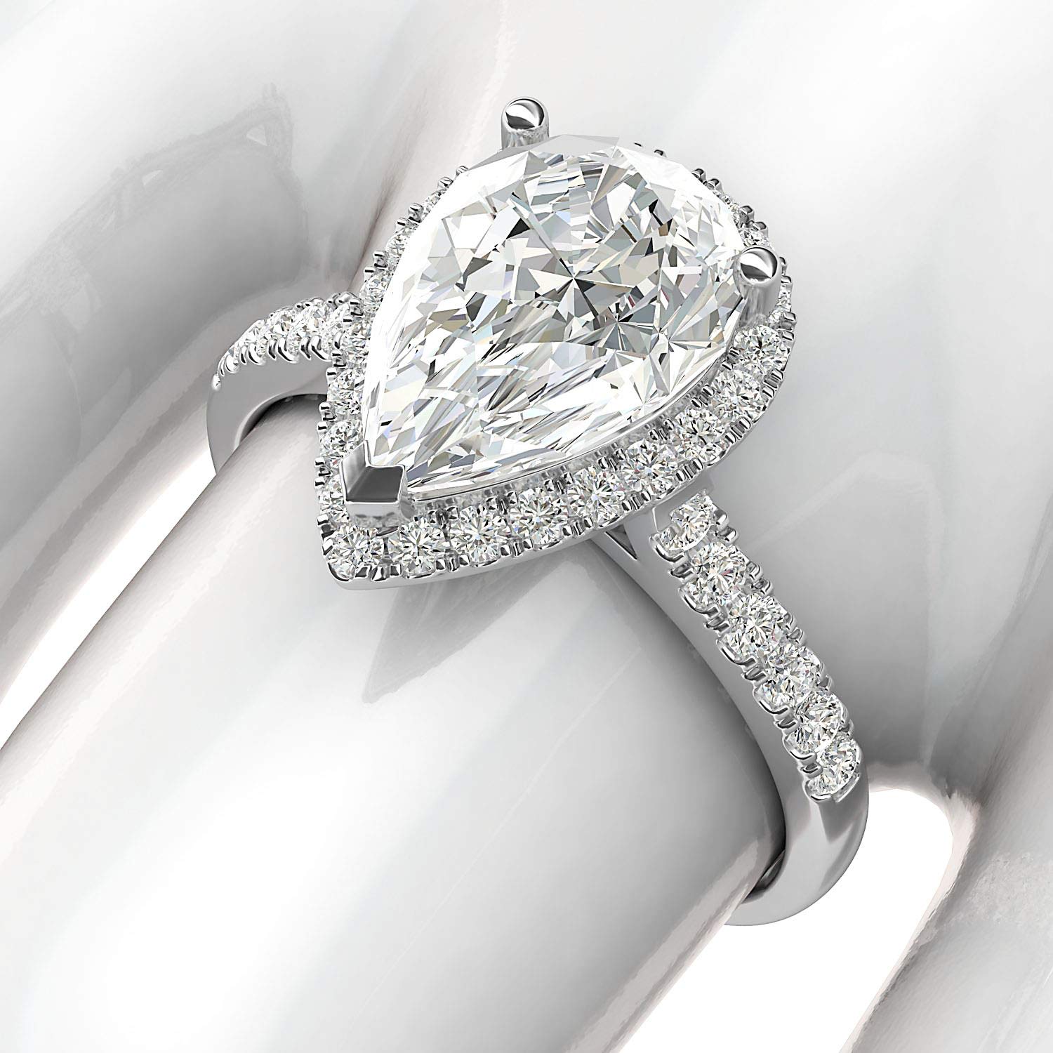 14k White Gold Simulated Pear-Shaped Diamond Halo Engagement Ring with Side Stones Promise Bridal Ring (7)