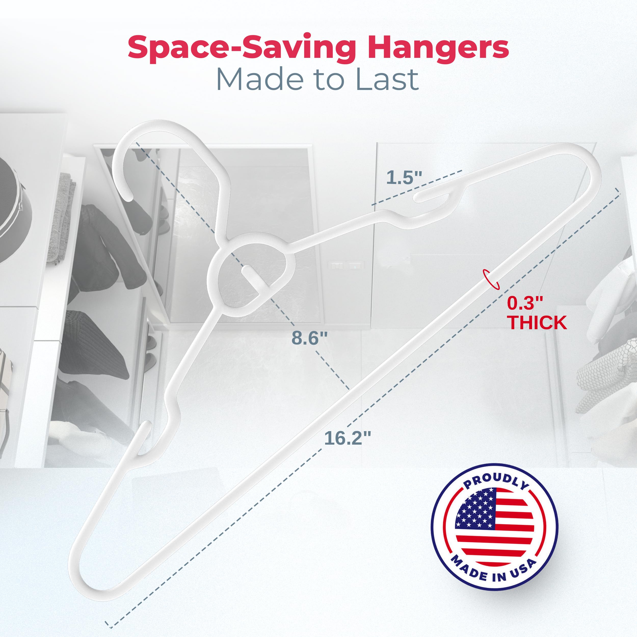 24pk Attachable Clothes Hangers - Heavy Duty Plastic Hangers for Closet Organization, Space Saving Hangers for Pants, Shirts, and Coats - Space Saver Hangers, Closet Space Triangles - Made in USA