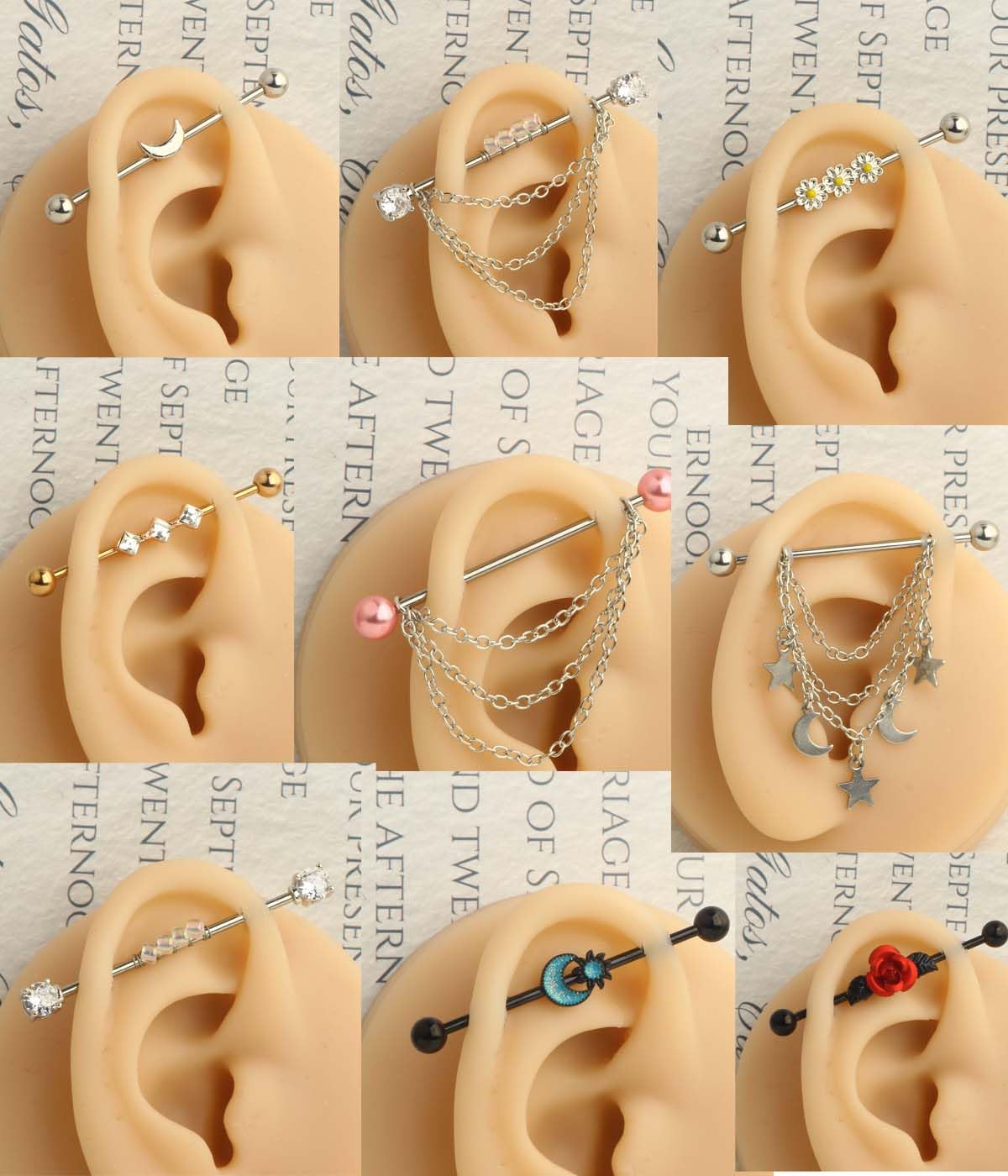 14G Industrial Barbell Earrings Stainless Steel Long Cartilage Helix Conch Body Piercing Jewelry 7-18pcs (Set #1)