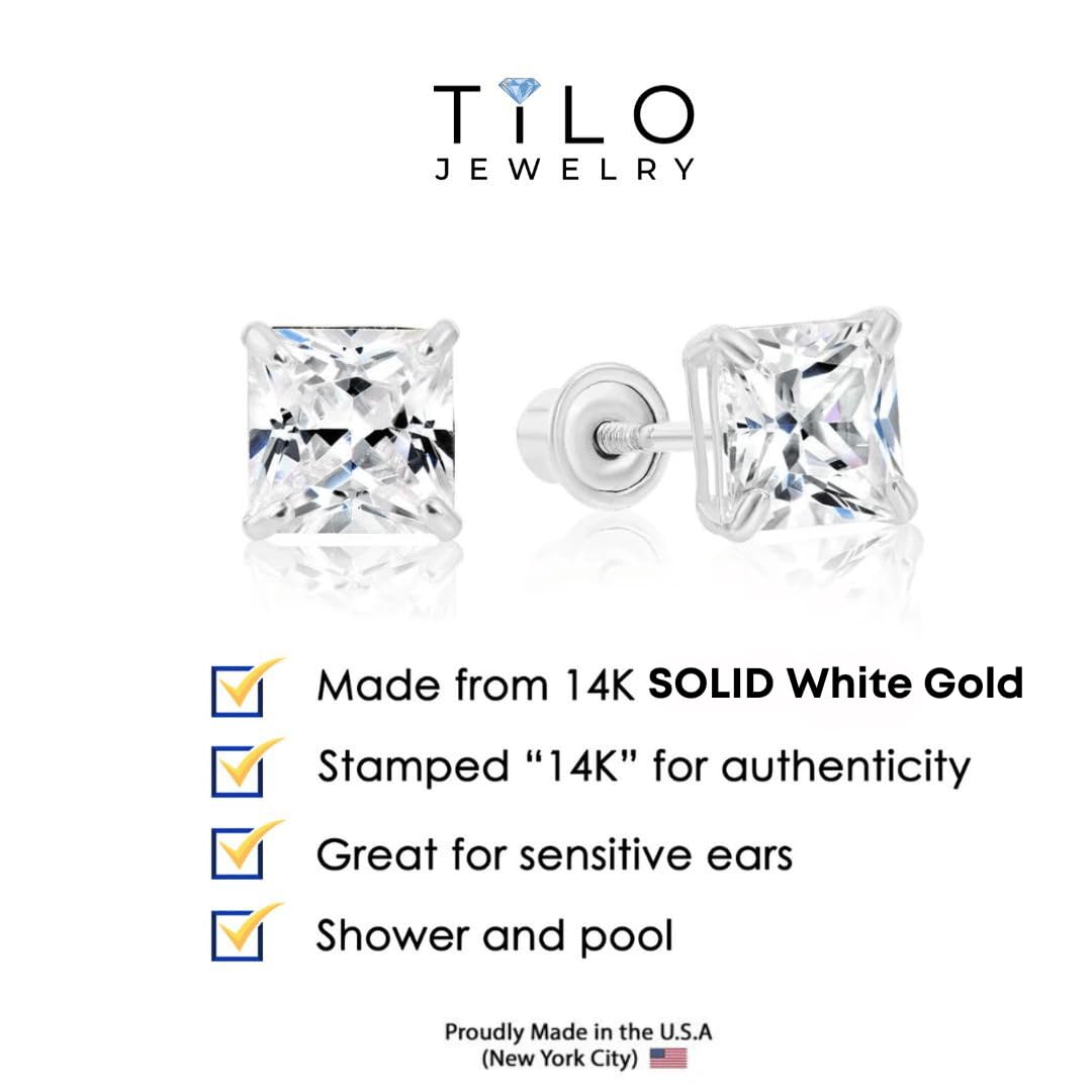 14k White Gold Solitaire Square Princess-cut CZ Stud Earrings with Secure Screw-backs (4mm)…